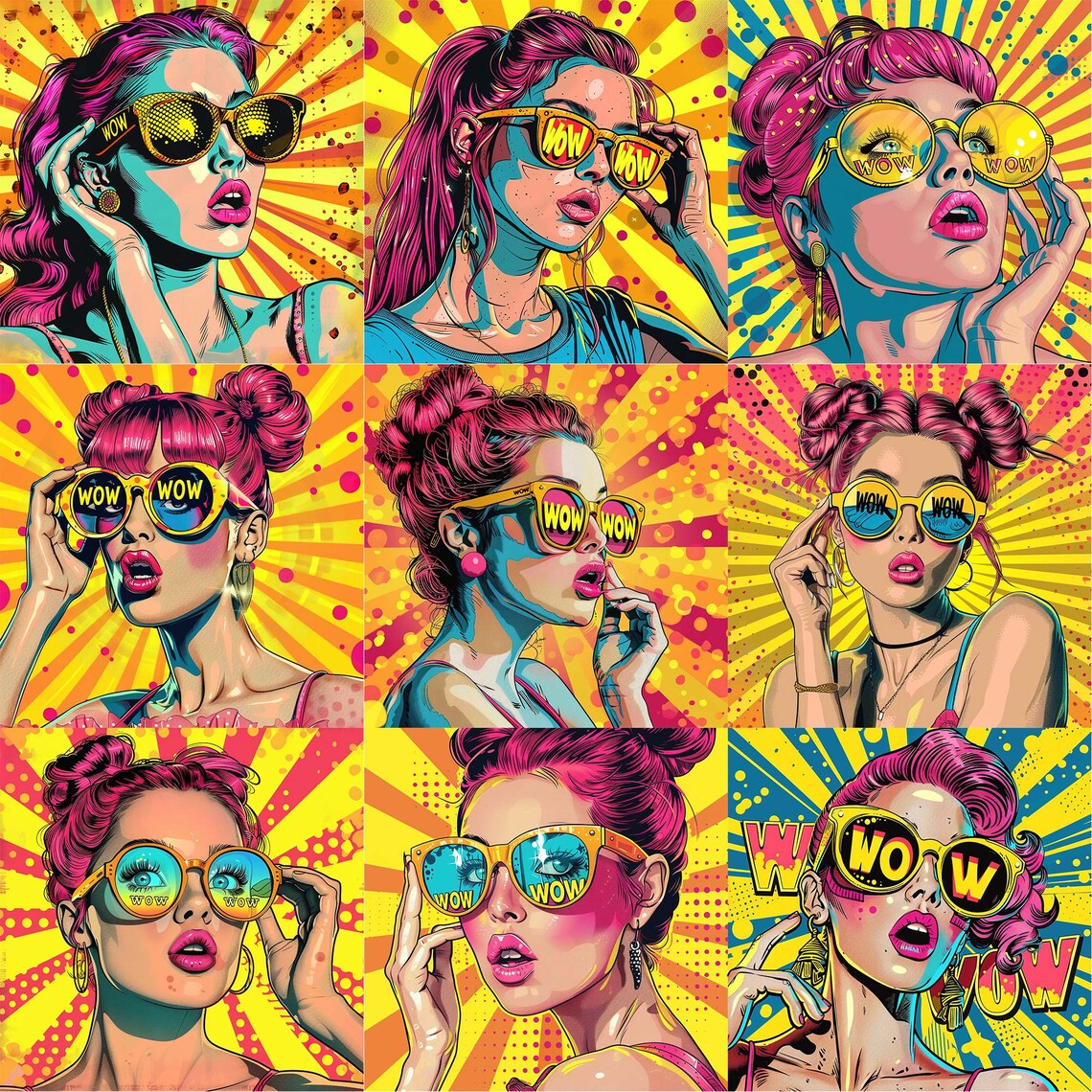 JPEG Pop Art Poster Girl With WOW Text Bundle JPEG Sun Glasses Retro ...