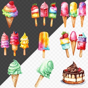 Watercolor Sweet Set Cupcakes and Ice Cream PNG Elements on Transparent ...