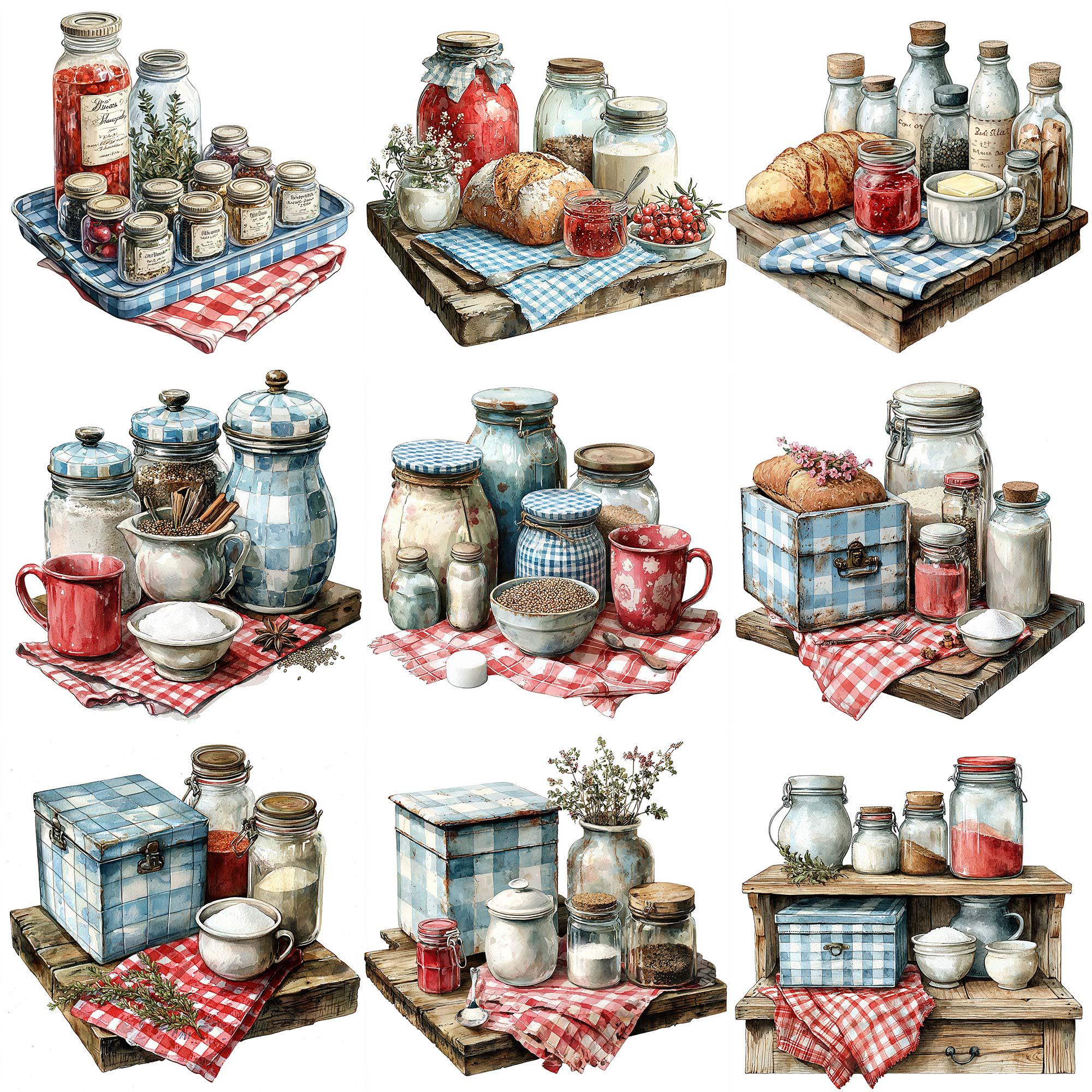 JPEG Vintage Pantry Granma's Rustic Checkered Jars and Tins Clipart ...