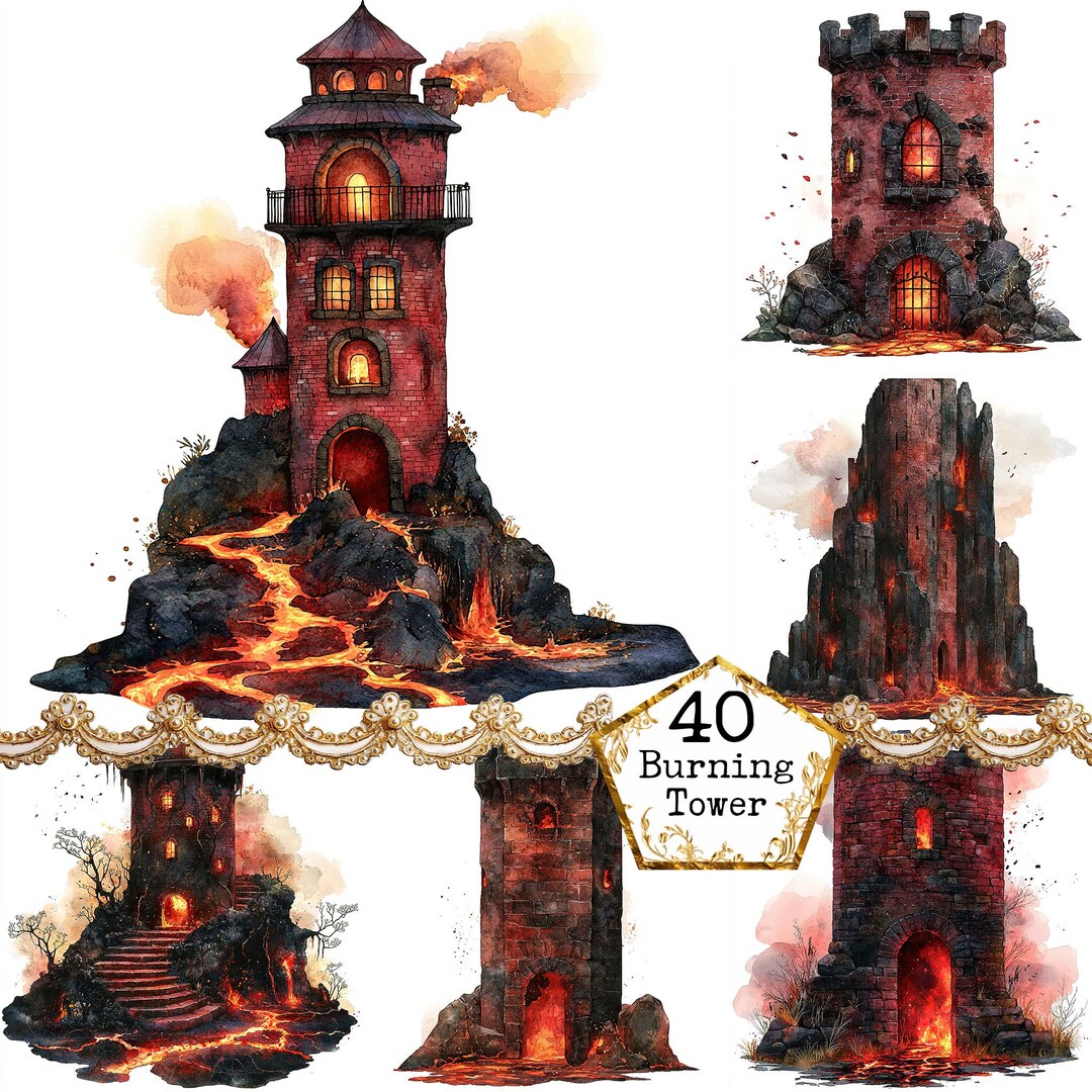 JPEG Watercolor Burning Medieval Castle Clipart Bundle Gothic Castle ...