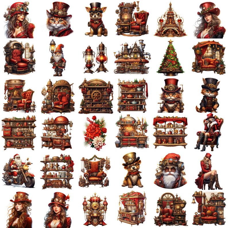 Steampunk Christmas Clipart Bundle: Diverse PNG Images, Matching Color ...