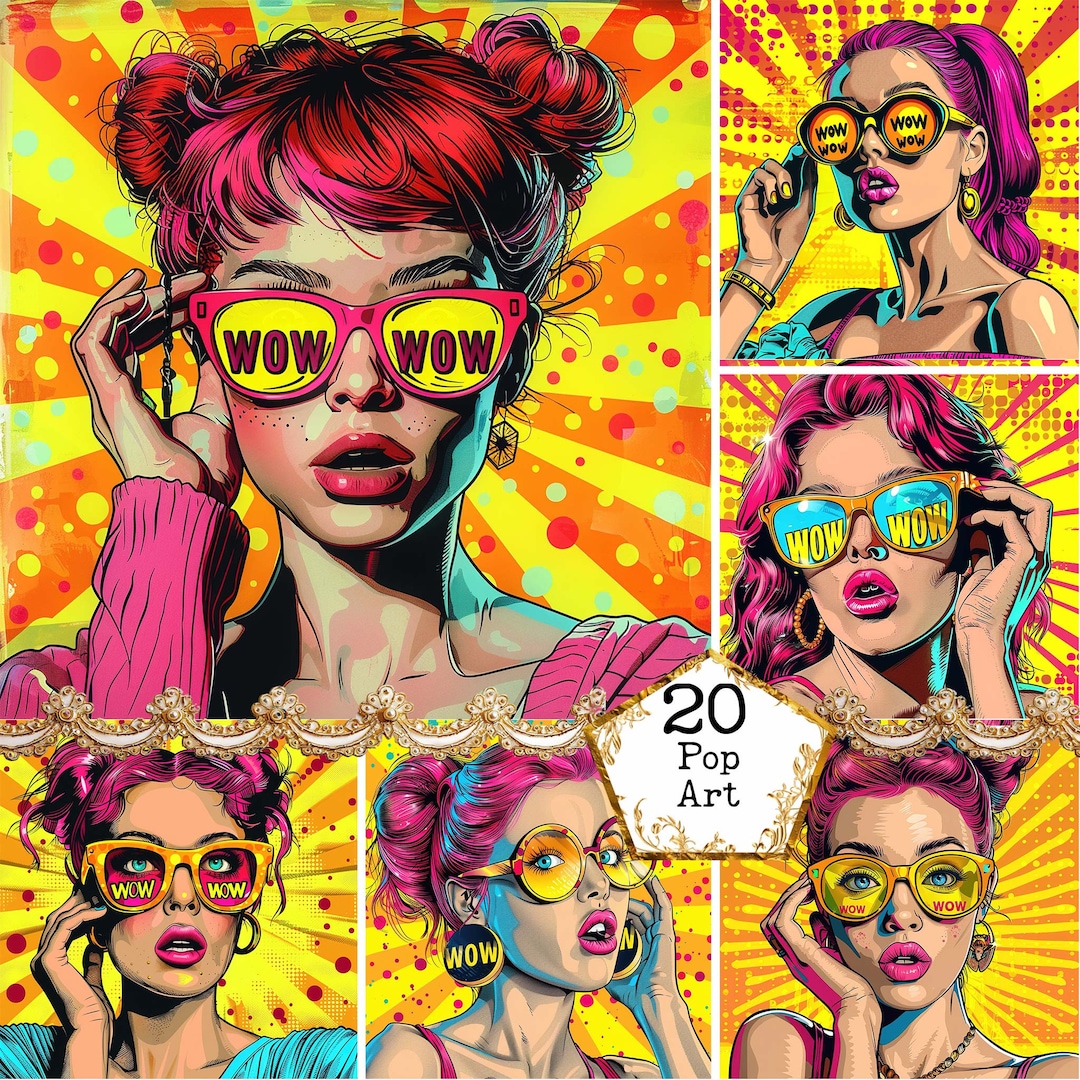 JPEG Pop Art Poster Girl With WOW Text Bundle JPEG Sun Glasses Retro ...