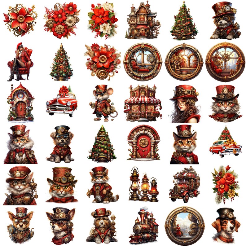 Steampunk Christmas Clipart Bundle: Diverse PNG Images, Matching Color ...