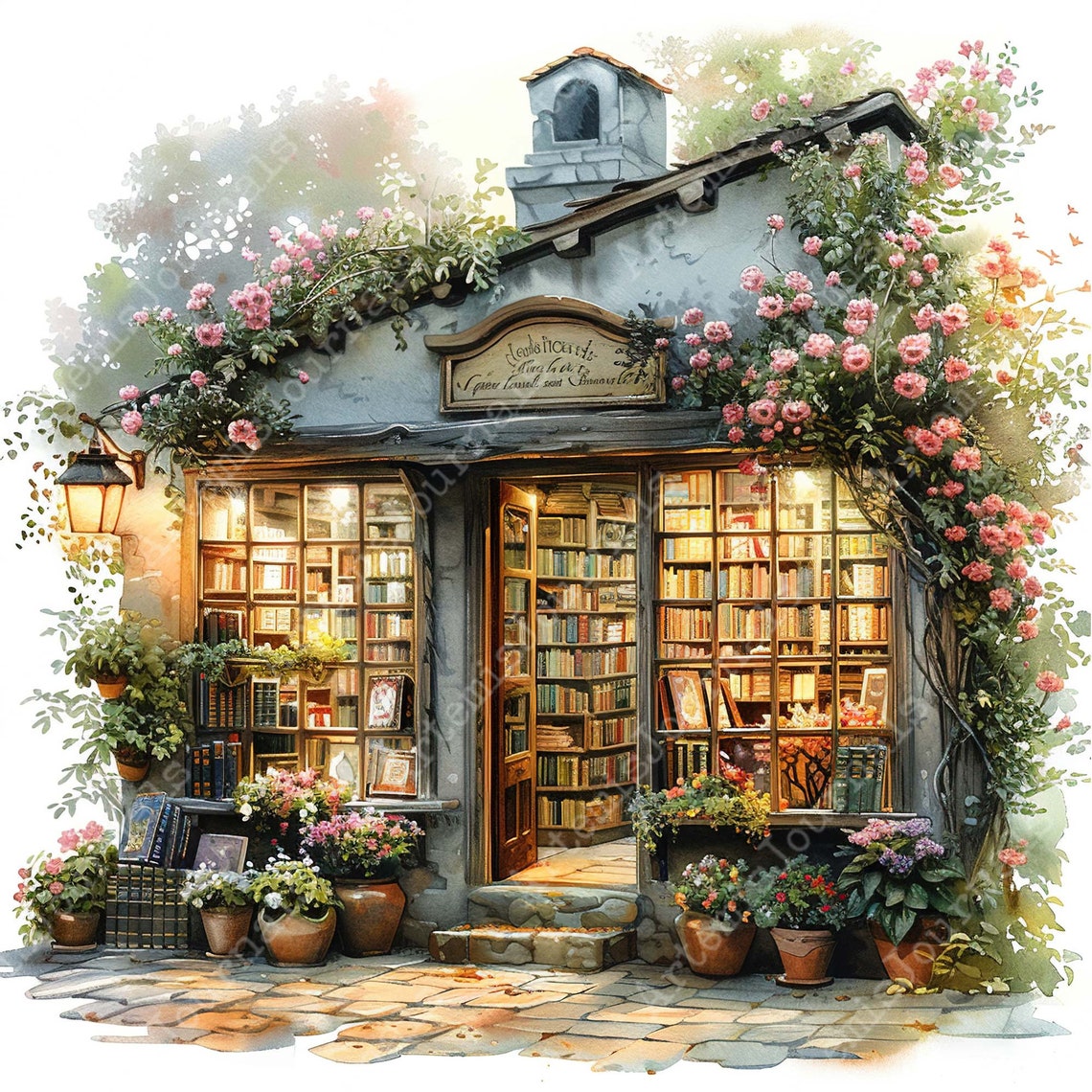 Watercolor Vintage Bookstore Fronts JPEG Instant Download Vintage Shop ...