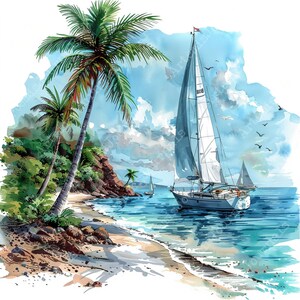 JPEG Watercolor Tropical Beach With a Boat Clipart Bundle Instant ...