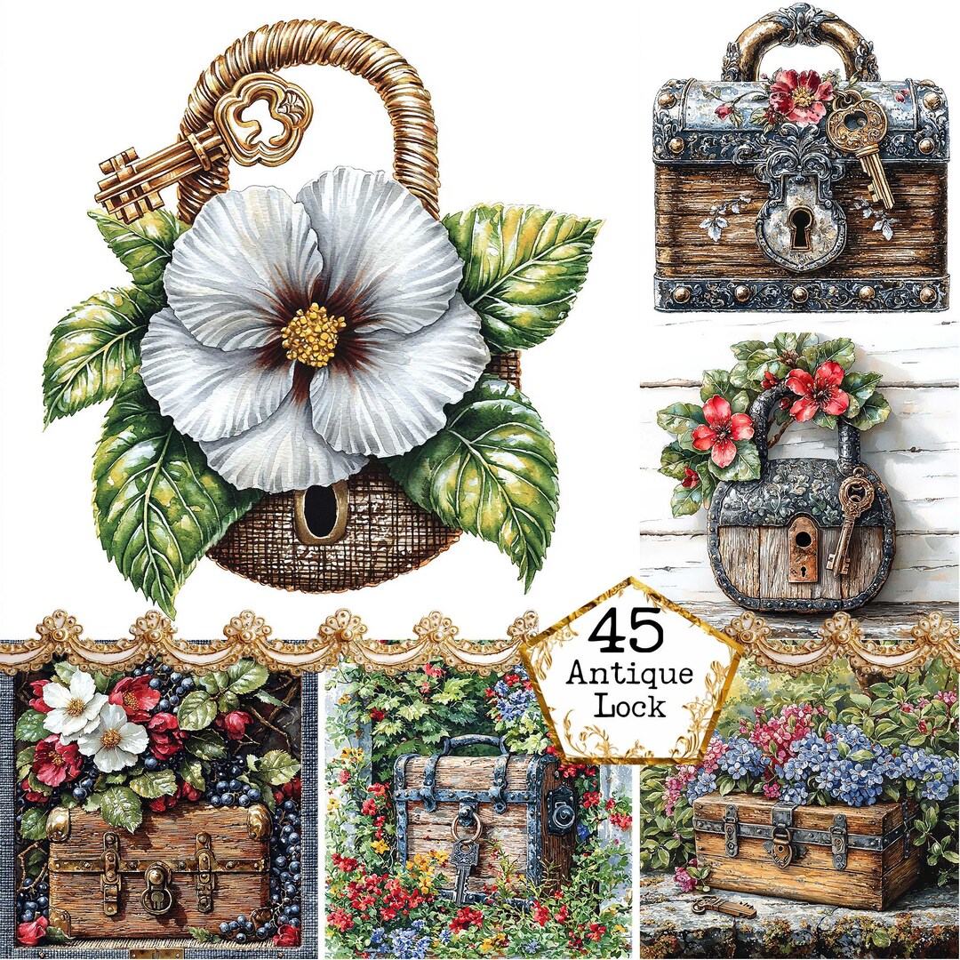 JPEG Antique Floral Lock Clipart Bundle Padlock and Key Illustrations ...