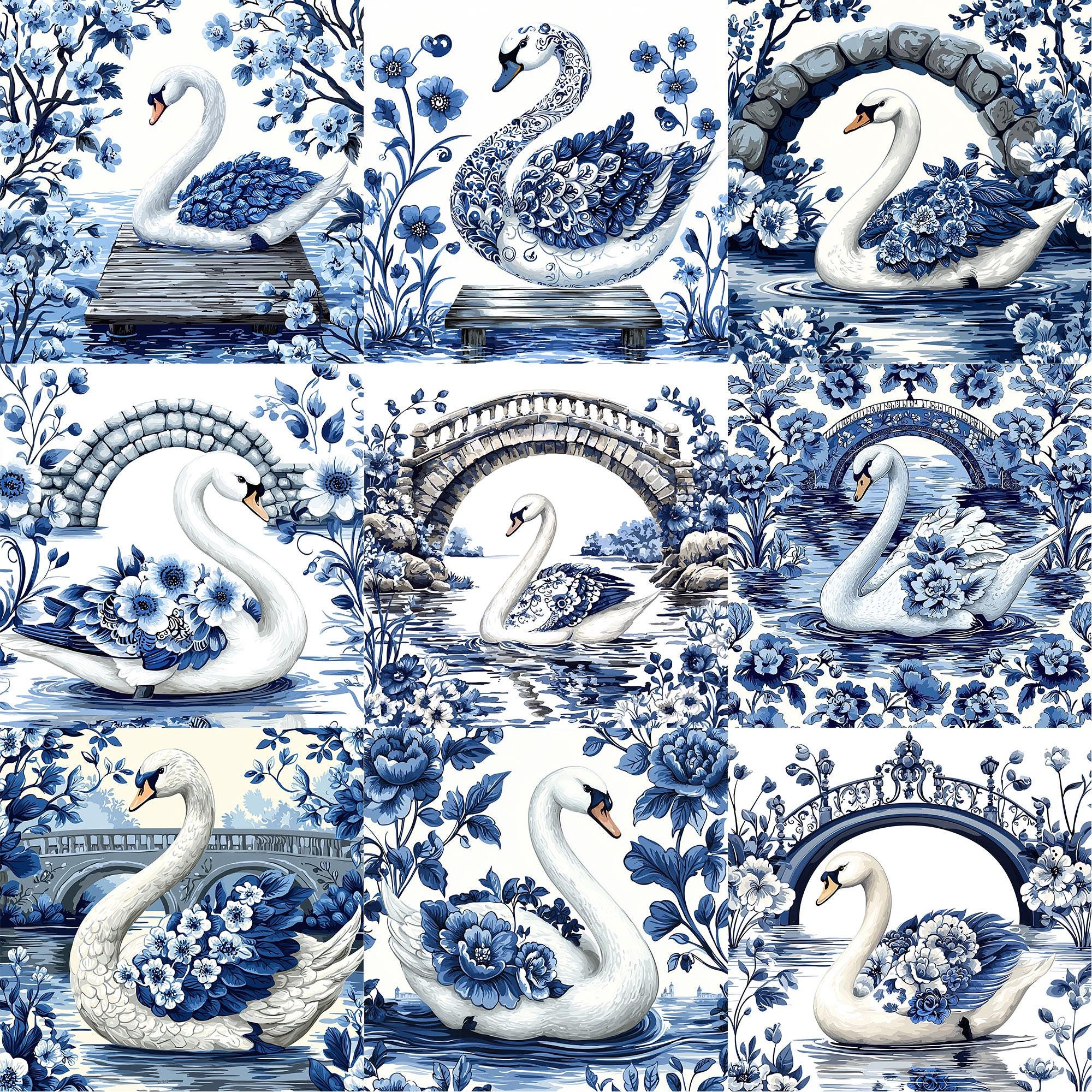 JPEG Antique Swan Tiles Clipart Bundle Swan Mediterranean Tiles Ceramic ...