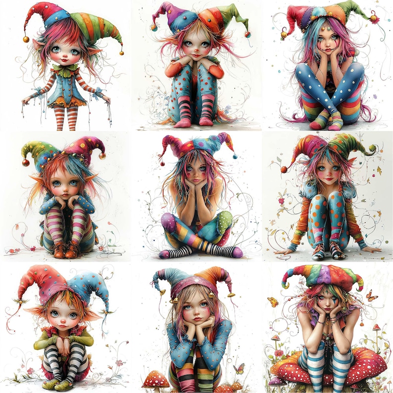 JPEG Cute Whimsical Jester Girl Clipart Bundle Fashion Girl Clown Woman ...