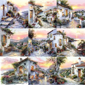 Watercolor Cottage Sunset JPEG Instant Download Balcony Clipart Shabby ...