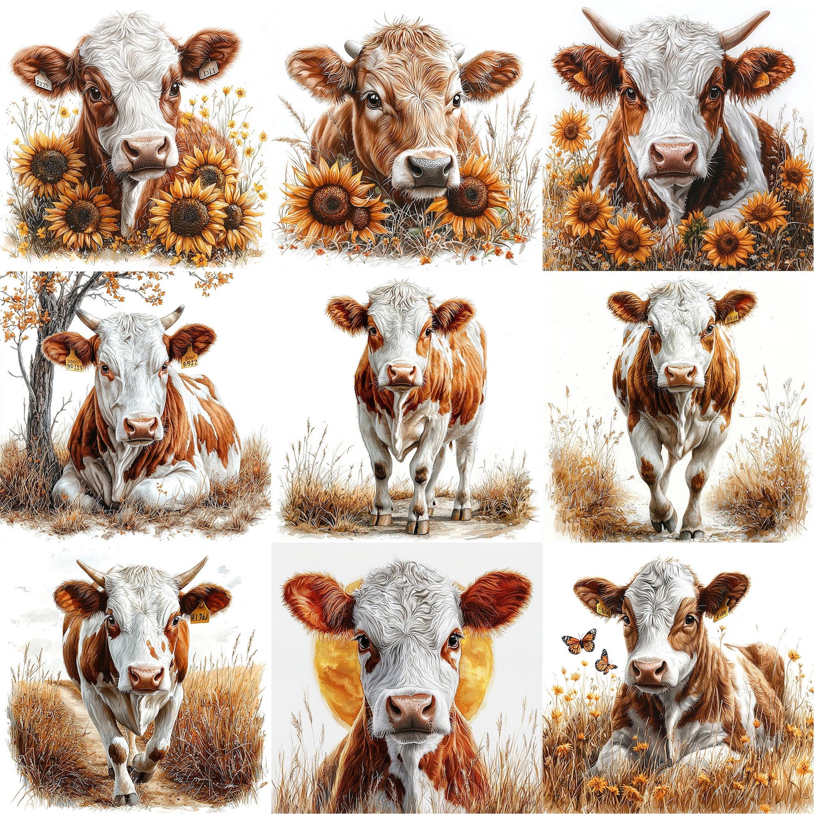 JPEG Watercolor Farmyard Cow Clipart Bundle Cottage Core Farm Land Farm ...