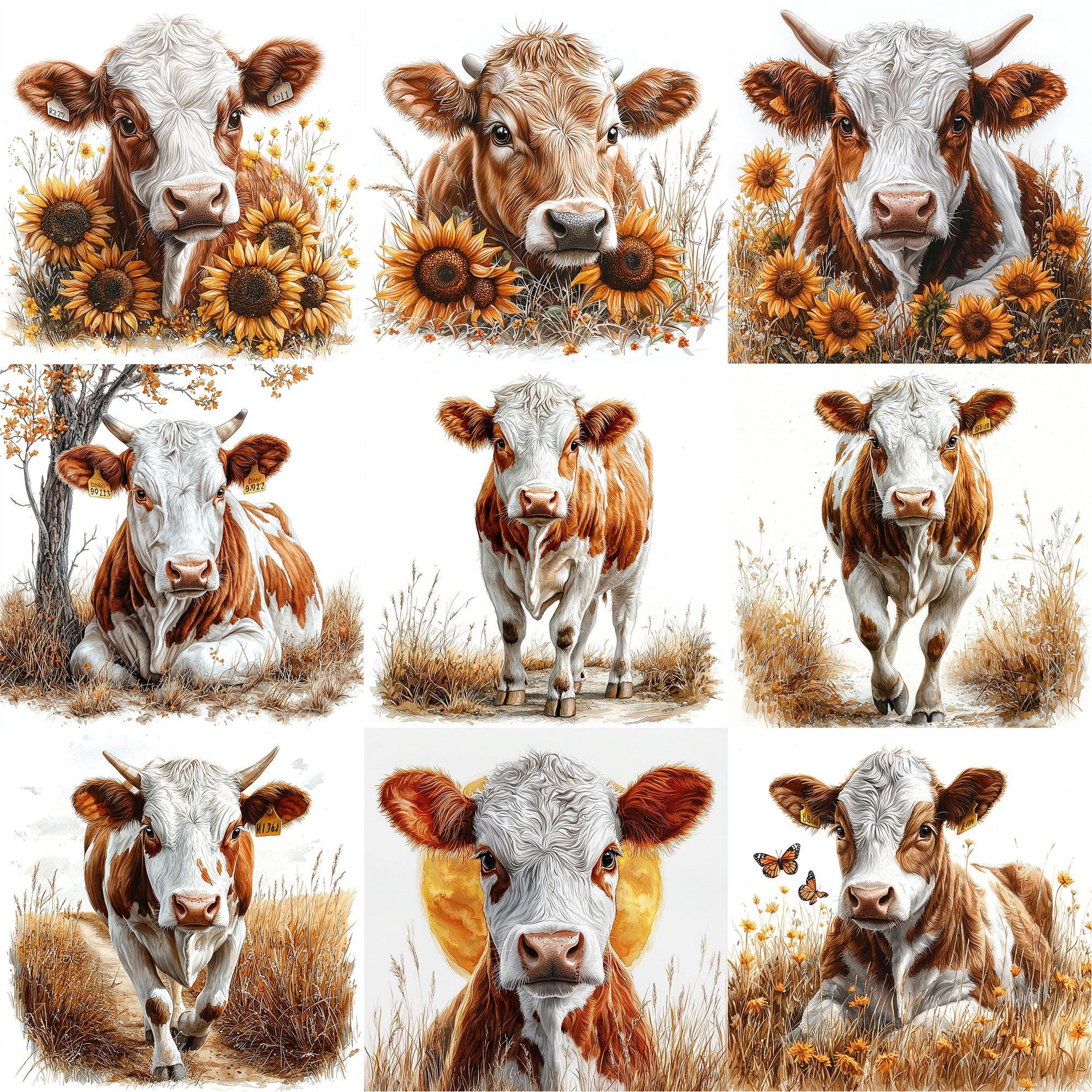 JPEG Watercolor Farmyard Cow Clipart Bundle Cottage Core Farm Land Farm ...