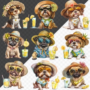 Watercolor Summer Dogs Clipart Bundle Dog With Cocktail PNG Beach ...