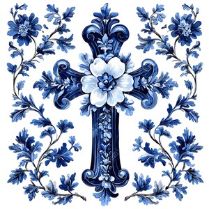 PNG + JPEG Delft Blue Antique Cross Tile Clipart Bundle Watercolor ...