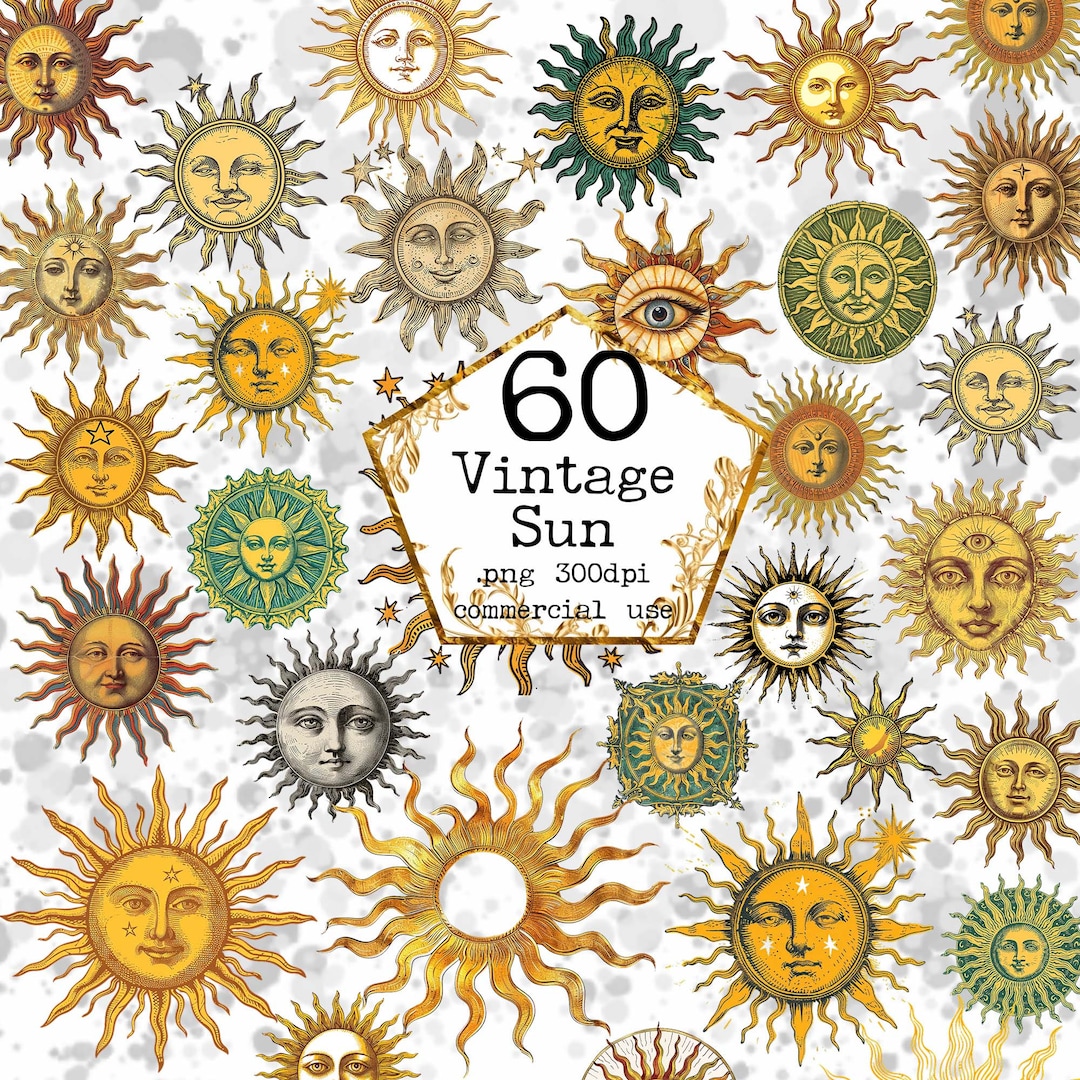 Big Vintage Sun Illustration Clipart Bundle Retro Sun Png Antique ...
