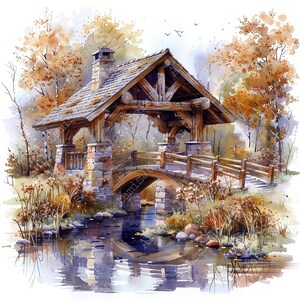 Watercolor Covered Autumn Bridge Clipart Bundle JPEG Landscape Scenery ...