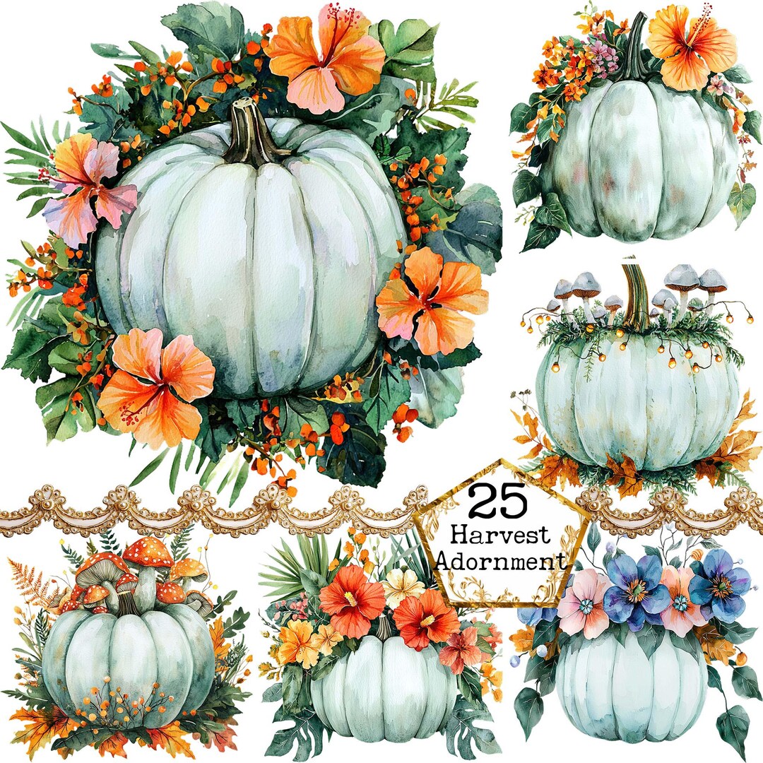 PNG Floral Pumpkins Clipart Bundle Floral Autumn Pumpkin Wreaths Fall ...