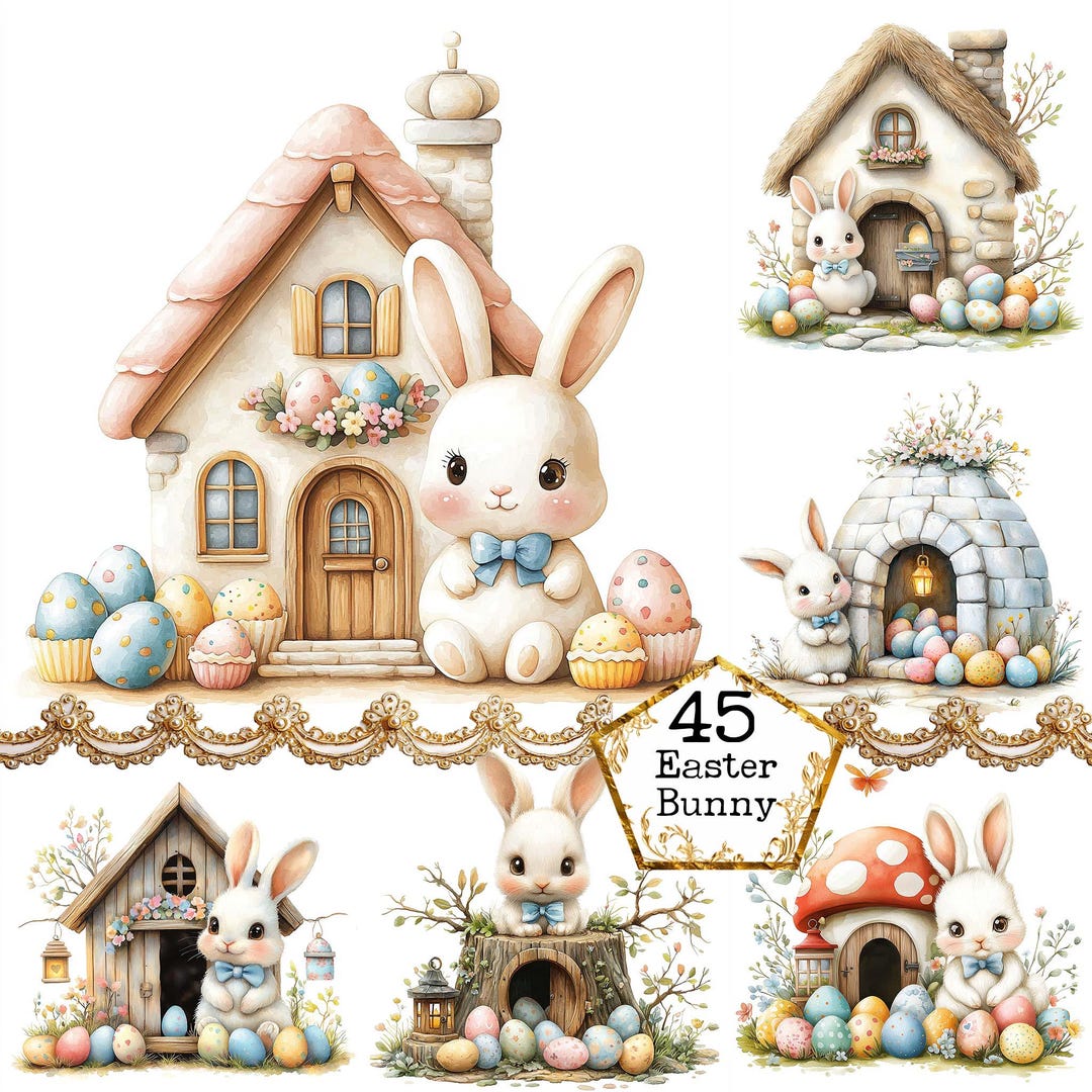 JPEG Watercolor Easter Rabbit Clipart Bundle Cute Bunny Clipart Spring ...