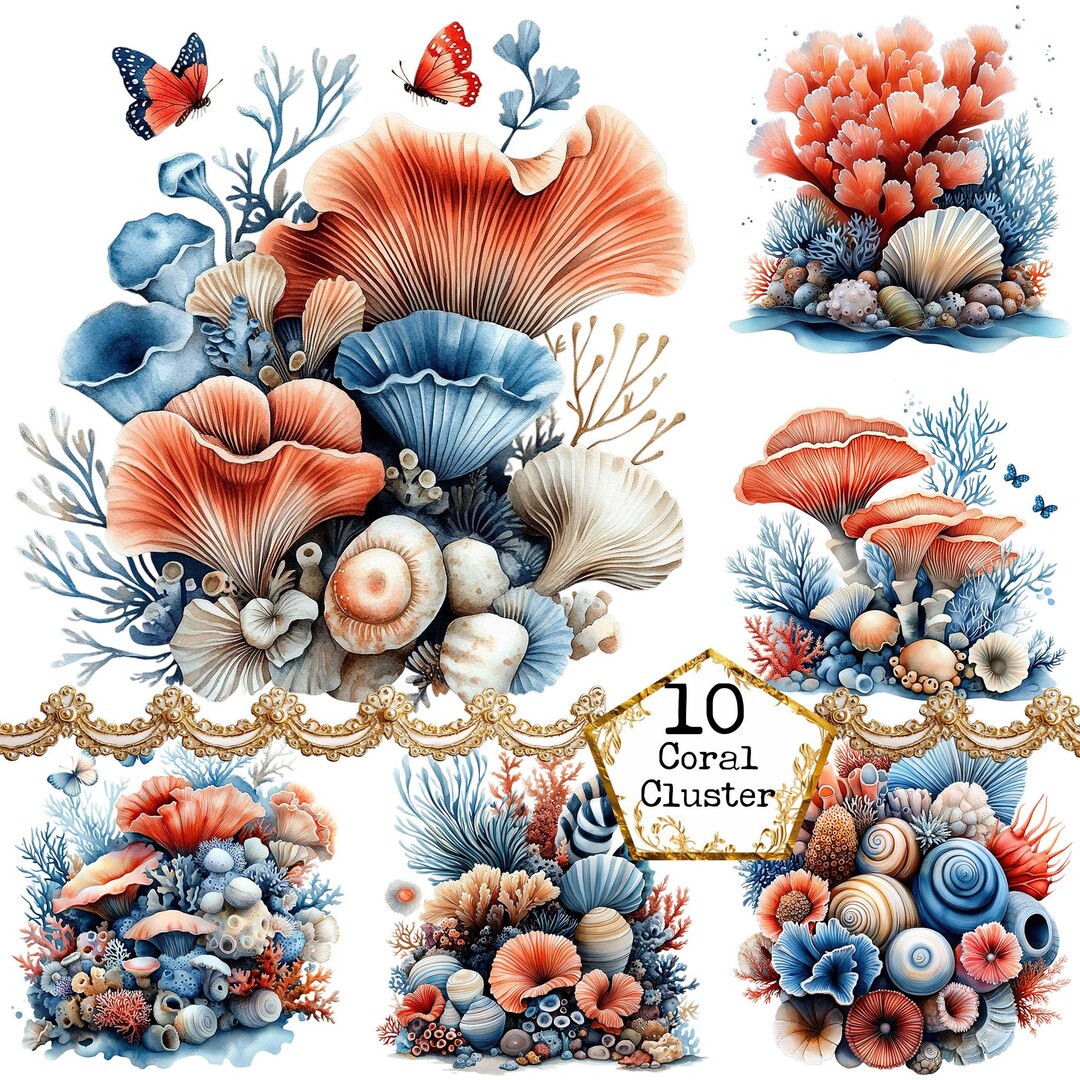 PNG + JPEG Watercolor Coral Reef Clipart Bundle See Life Clipart Ocean ...