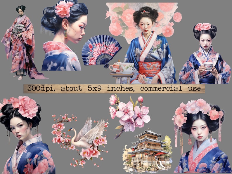 Watercolor Geisha Clipart Set Transparent PNG Digital - Etsy