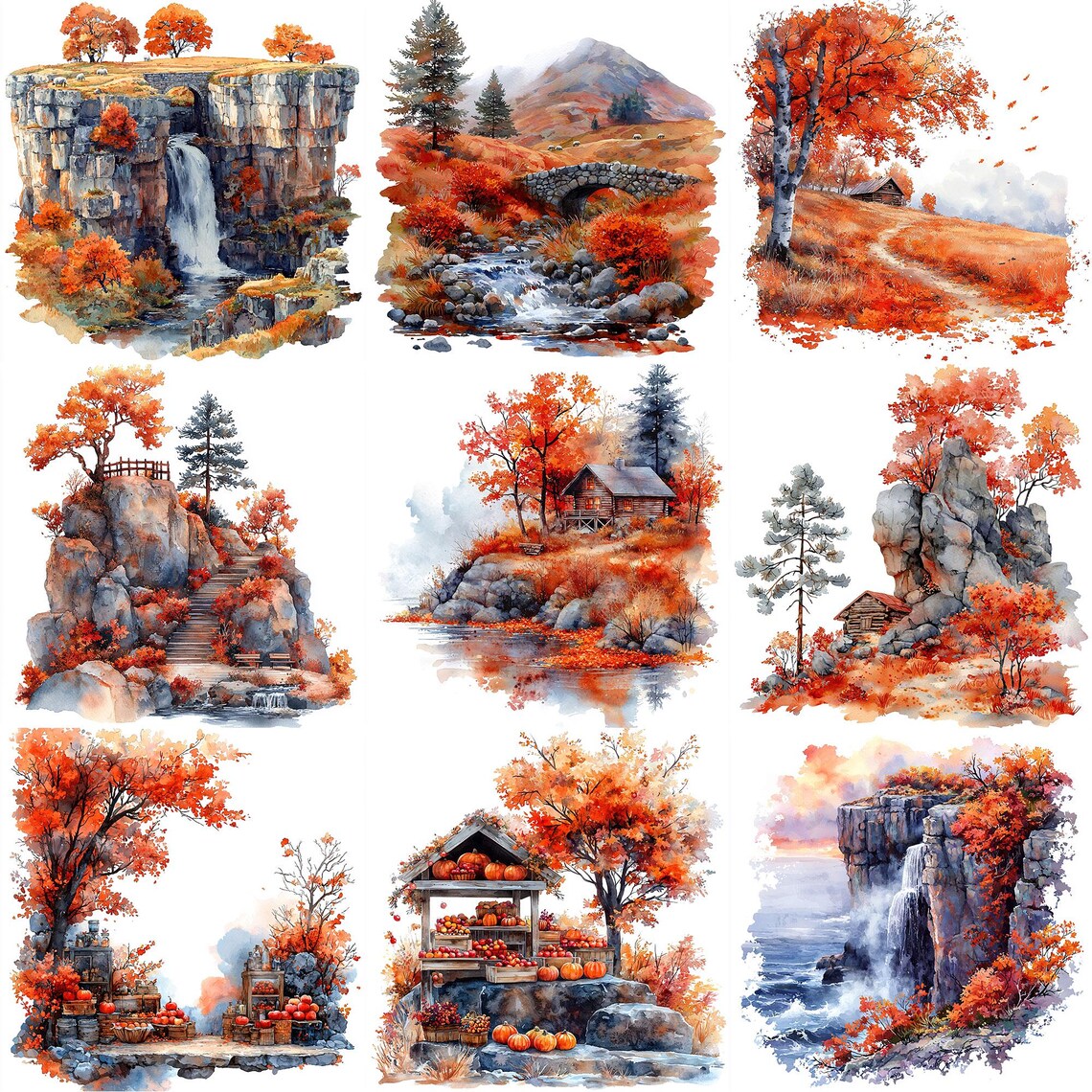 JPEG Lake Cliff Landscape Clipart, Autumn Cliff, Printable Watercolor ...