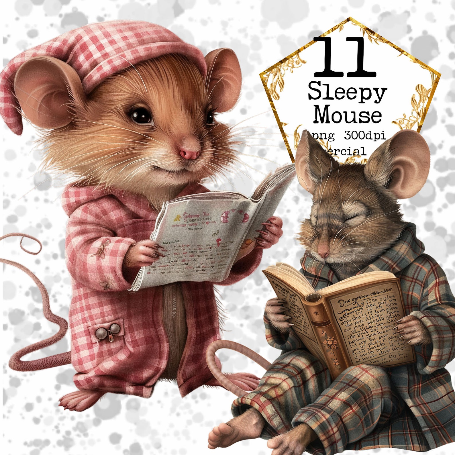 PNG Cute Watercolor Sleepy Mouse Clipart Bundle Reading Animal PNG ...