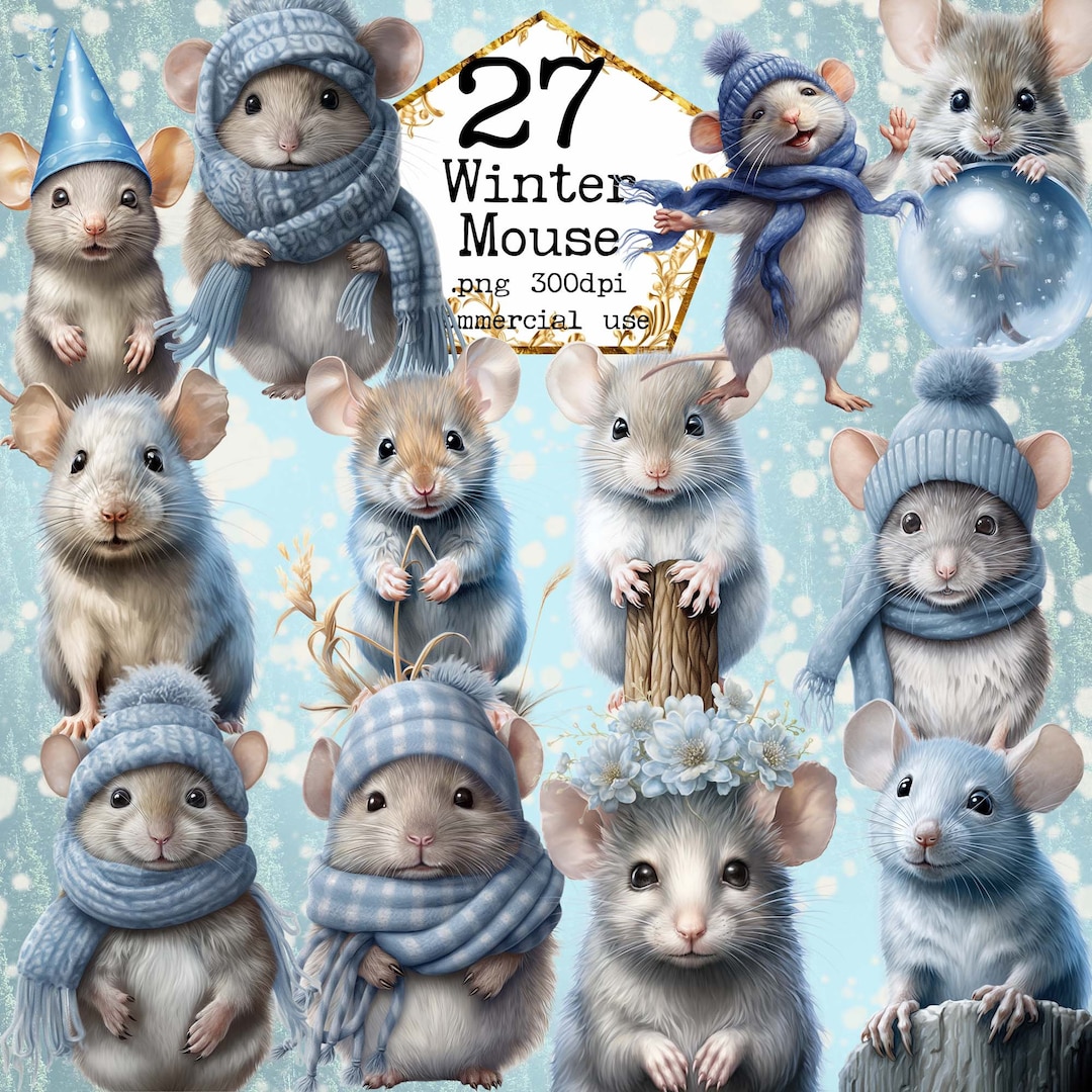 Cute Watercolor Winter Mouse Clipart Bundle Blue Winter Sweater PNG ...