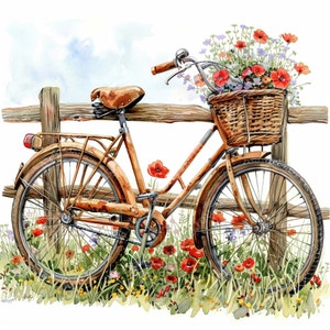 JPEG Watercolor Spring Bicycle Clipart Bundle JPEG Floral Bike ...