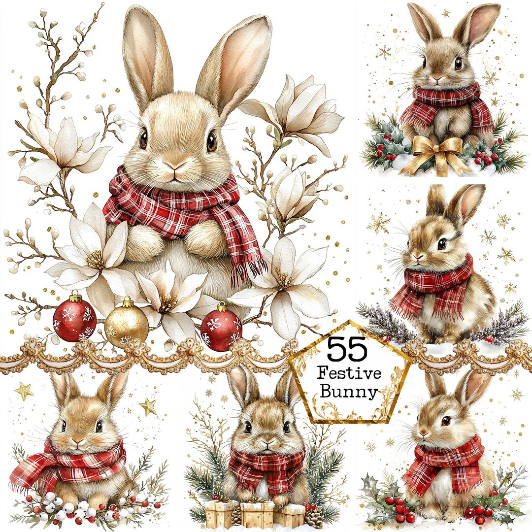 JPEG Watercolor Christmas Bunny Clipart Bundle Christmas Graphics Xmas ...