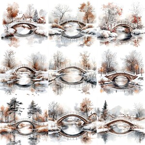 JPEG Watercolor Winter Bridge Clipart Bundle Winter Graphics Snowy ...