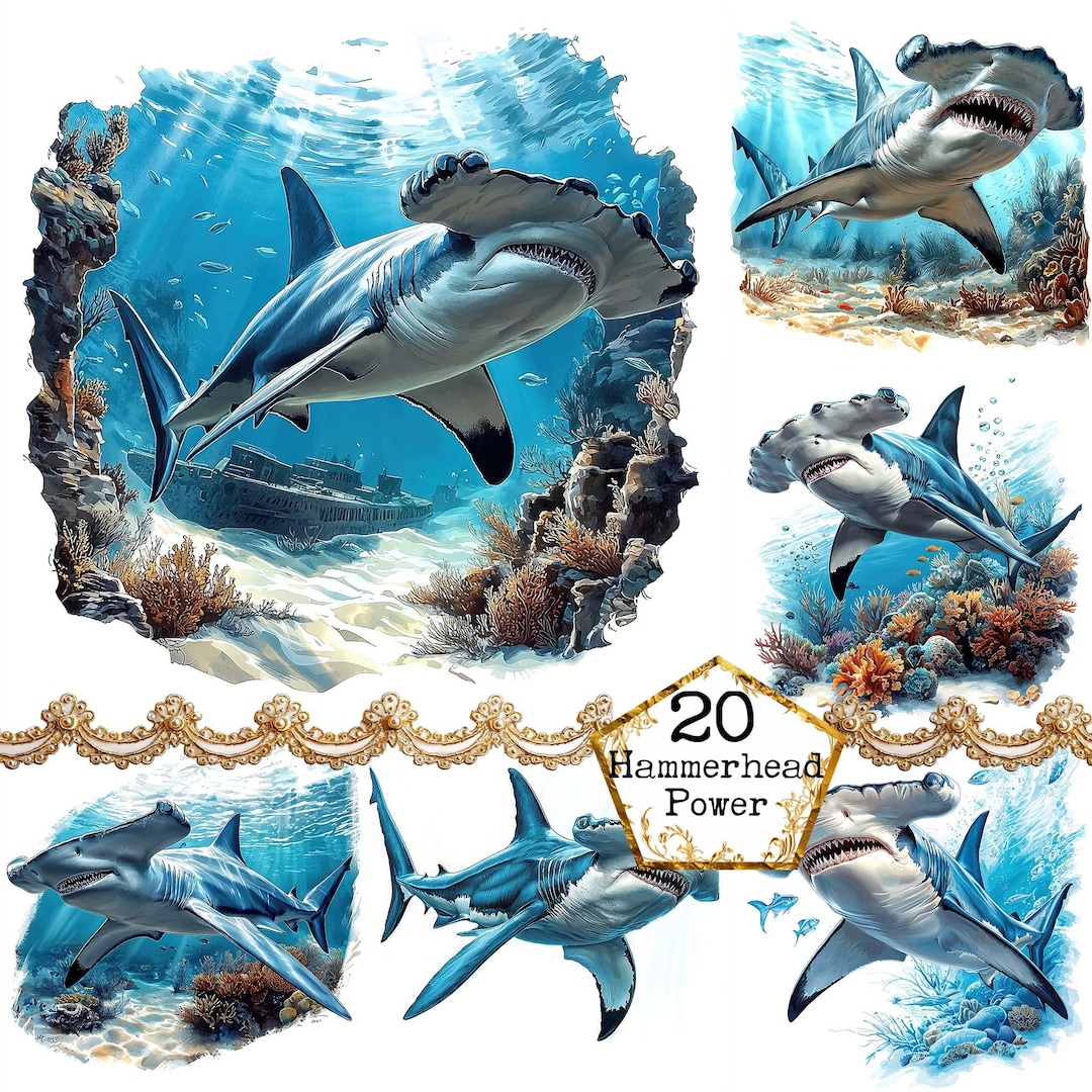 JPEG Watercolor Hammerhead Shark Clipart Bundle Fish Scrapbook Paper ...