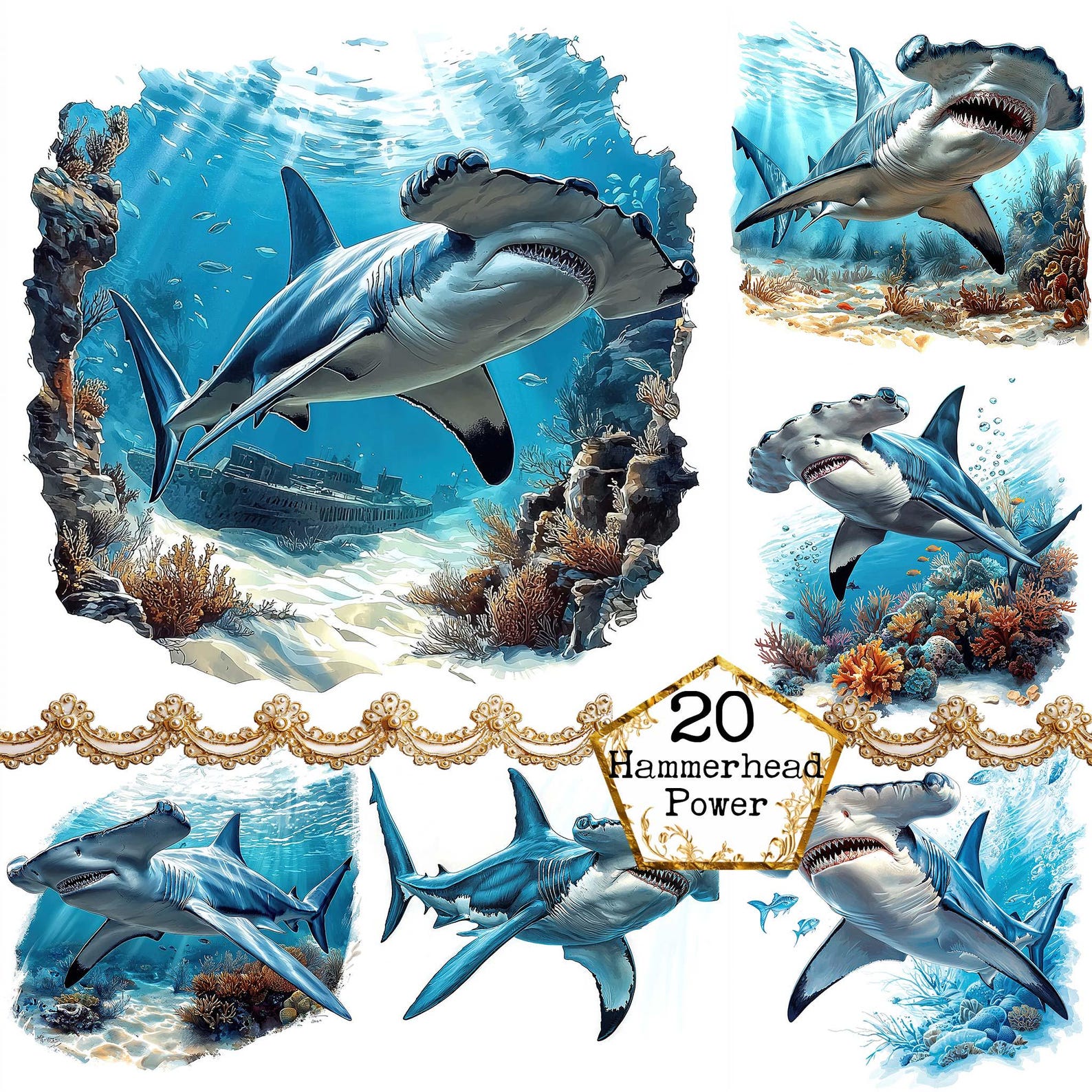 JPEG Watercolor Hammerhead Shark Clipart Bundle Fish Scrapbook Paper ...
