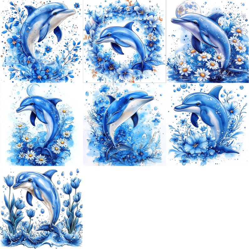 JPEG Watercolor Dolphin Clipart Bundle Floral Dolphin Clipart Sea Life ...