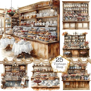 JPEG Watercolor Vintage Shop Clipart Bundle Old Shop Clipart Vintage ...