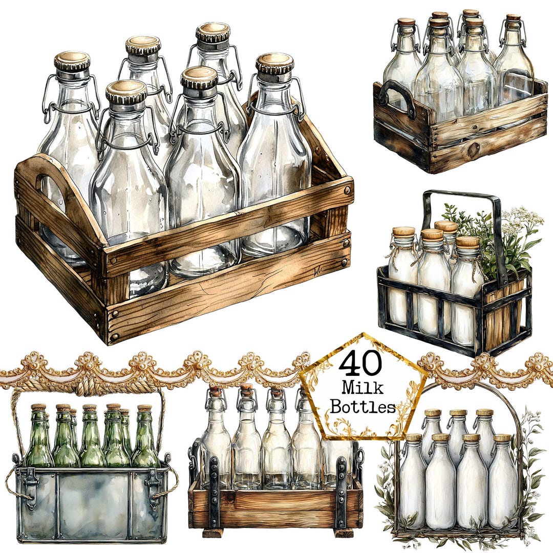 PNG + JPEG Vintage Watercolor Milk Bottles Clipart Bundle Vintage ...