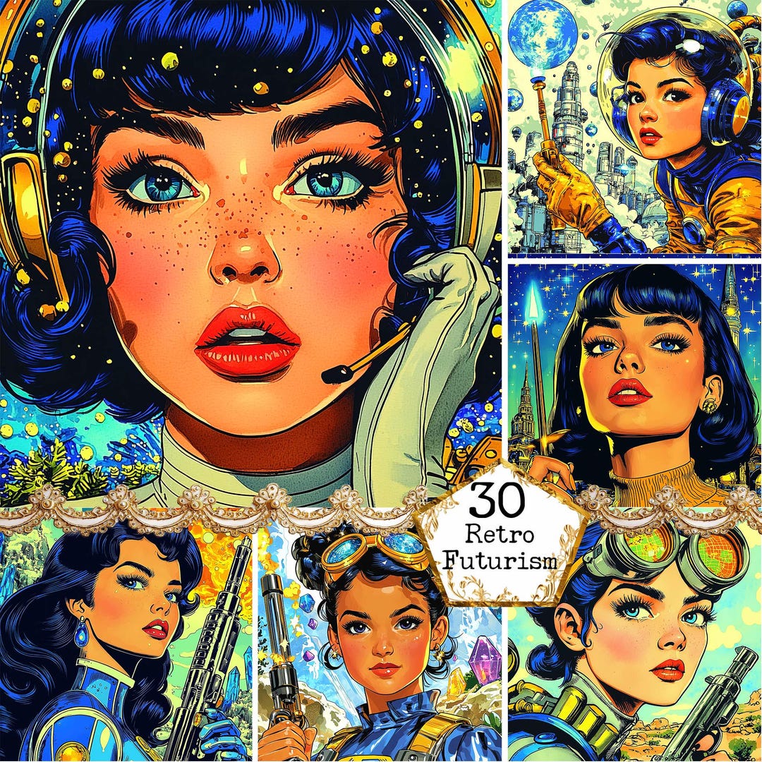JPG Retro Comic Style Pop Art Space Traveler Girls Bundle Pop Art Girl ...