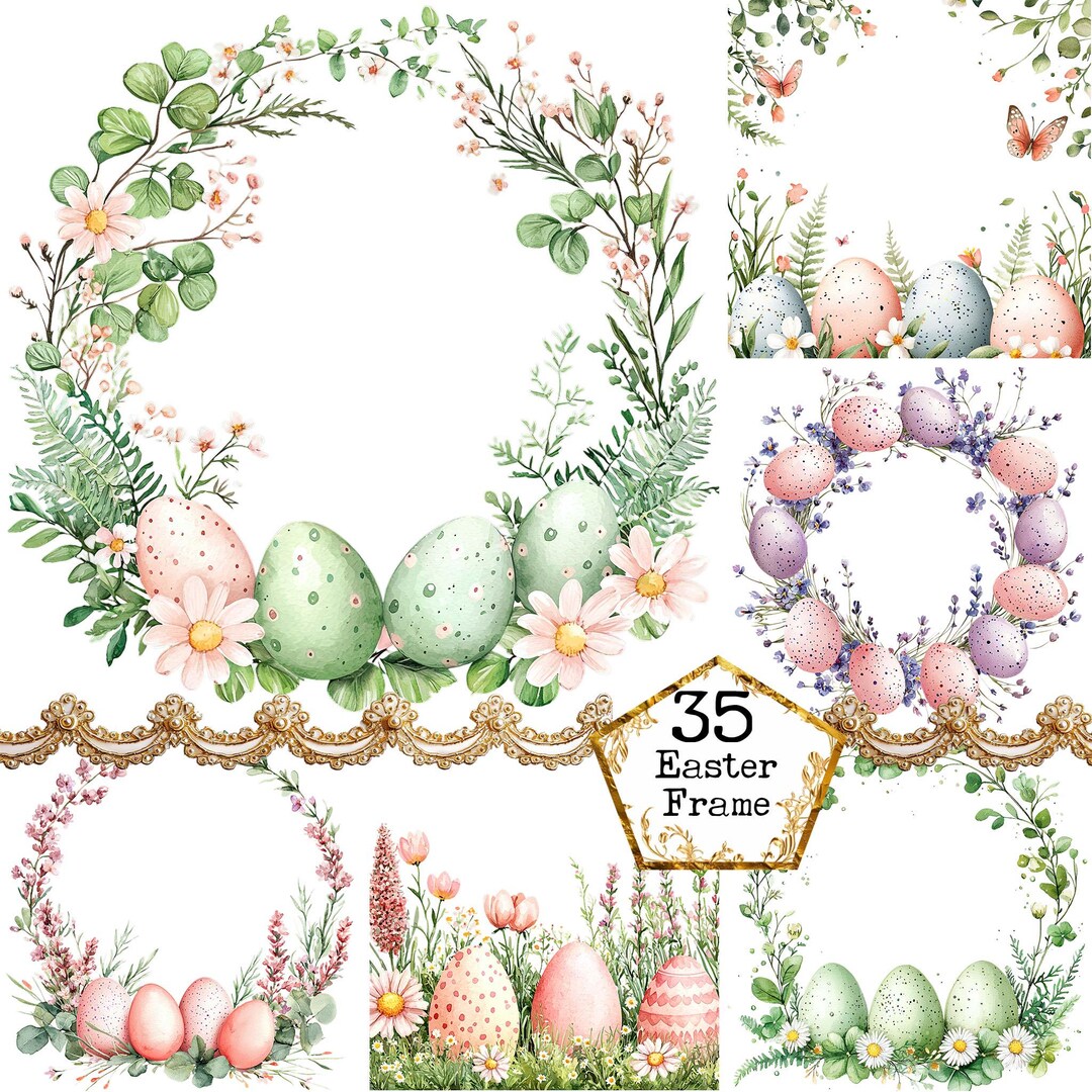 PNG + JPEG Watercolor Easter Egg Frames Clipart Bundle Spring Borders ...