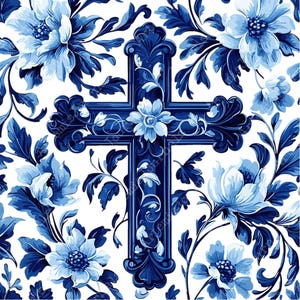 PNG + JPEG Delft Blue Antique Cross Tile Clipart Bundle Watercolor ...