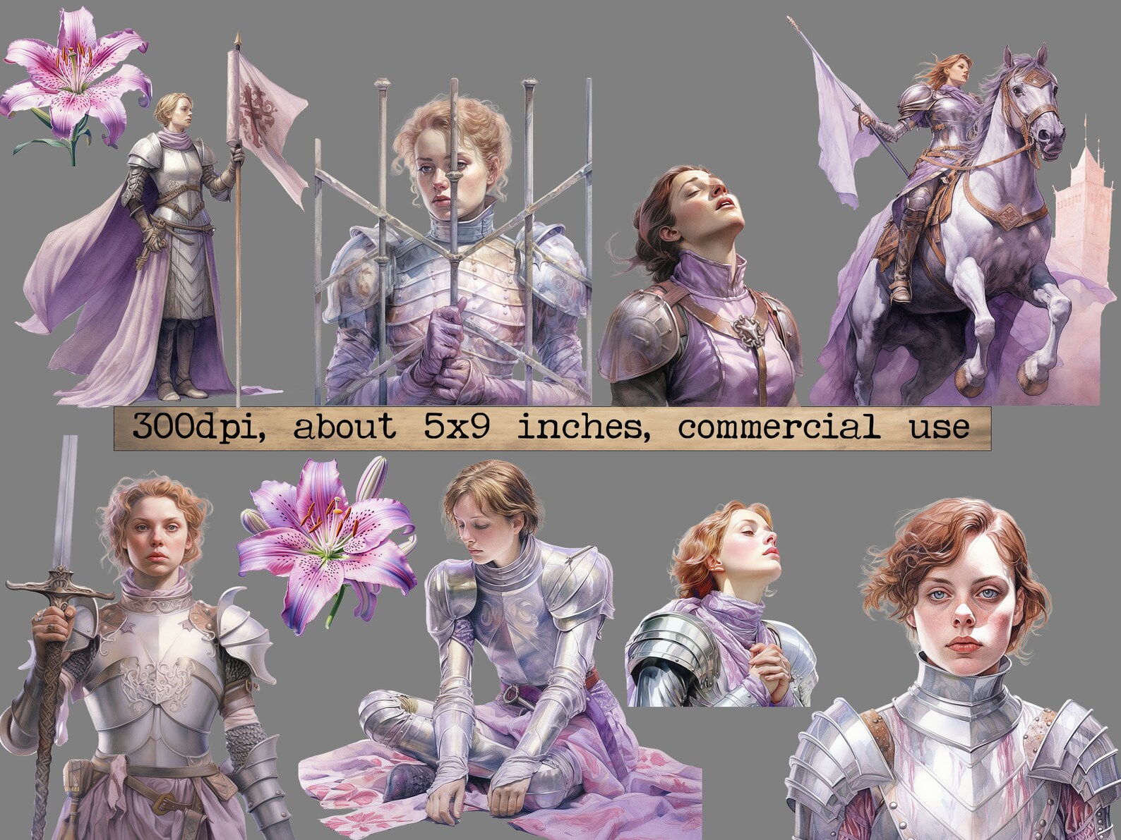 Joan of Arc PNG Clipart, Watercolor Romantic Bundle, Horses, Armor ...