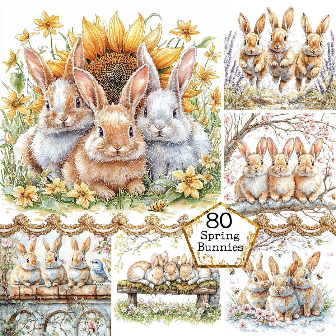 JPEG Watercolor Spring Bunnies Clipart Bundle Floral Rabbits Clipart ...