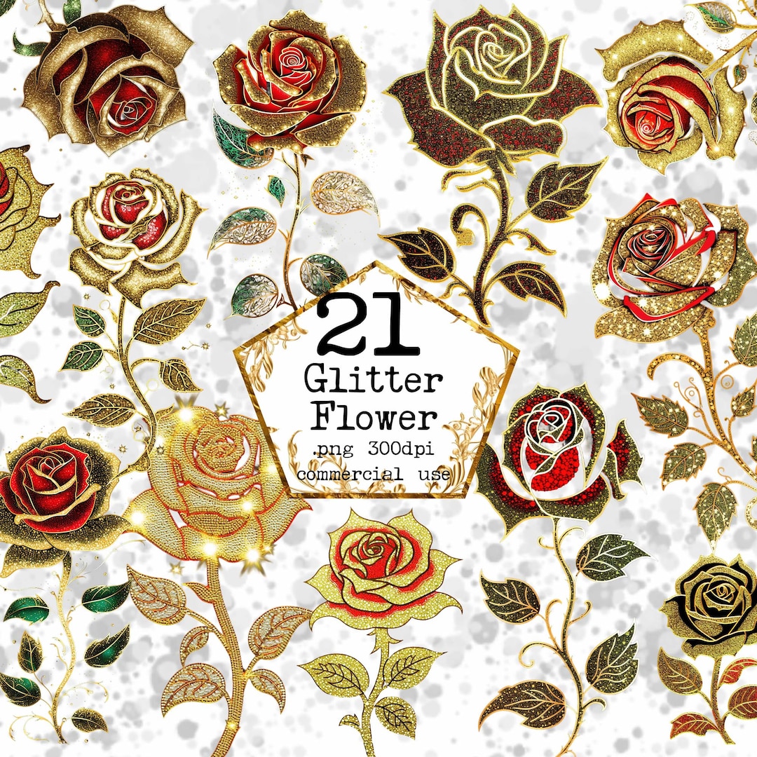 PNG Glitter Roses Clipart Bundle Golden Roses Golden Flower PNG ...