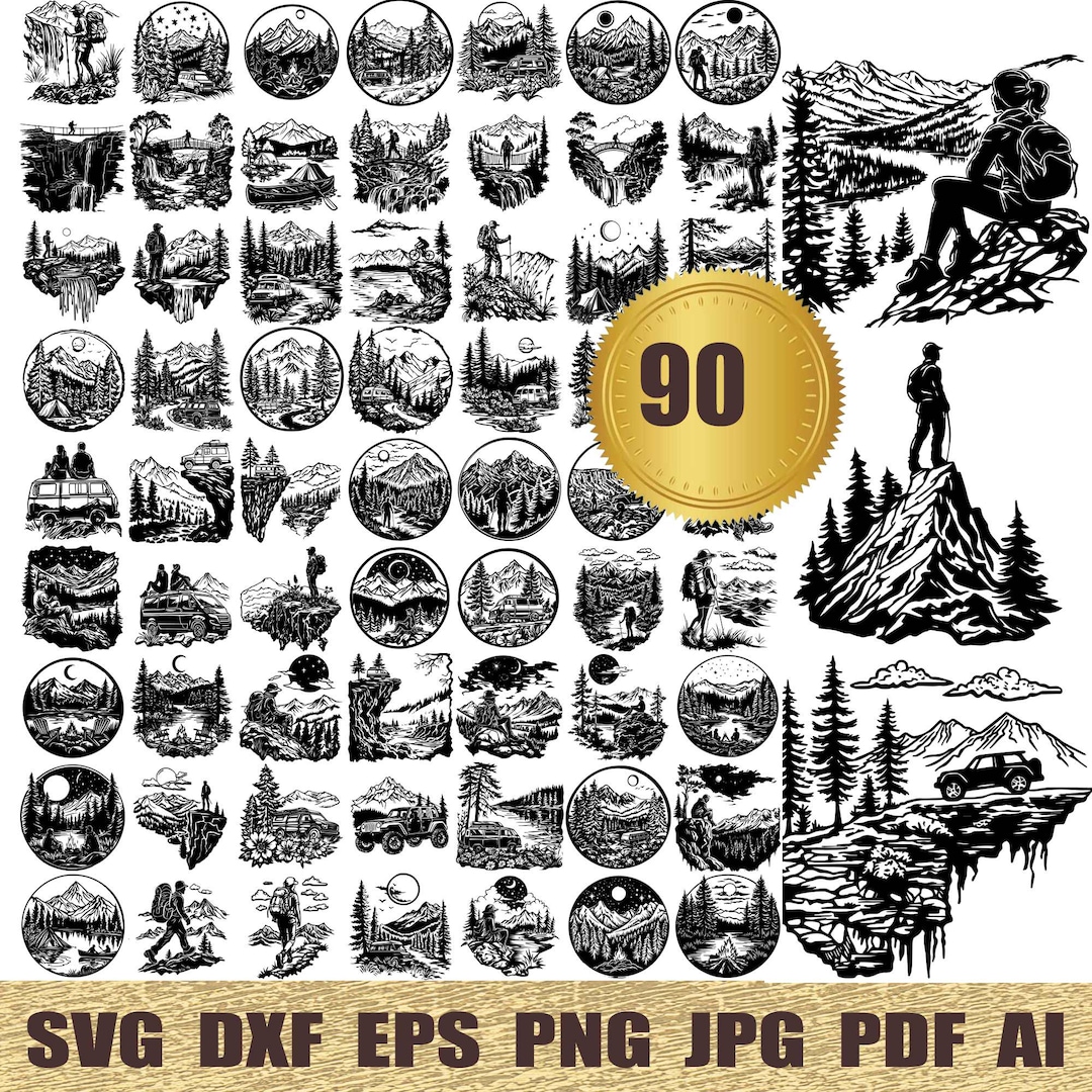 90 Mountain Hiking Svg, Dxf, Eps, Ai, Pdf, Jpg Png Forest Scene Svg ...