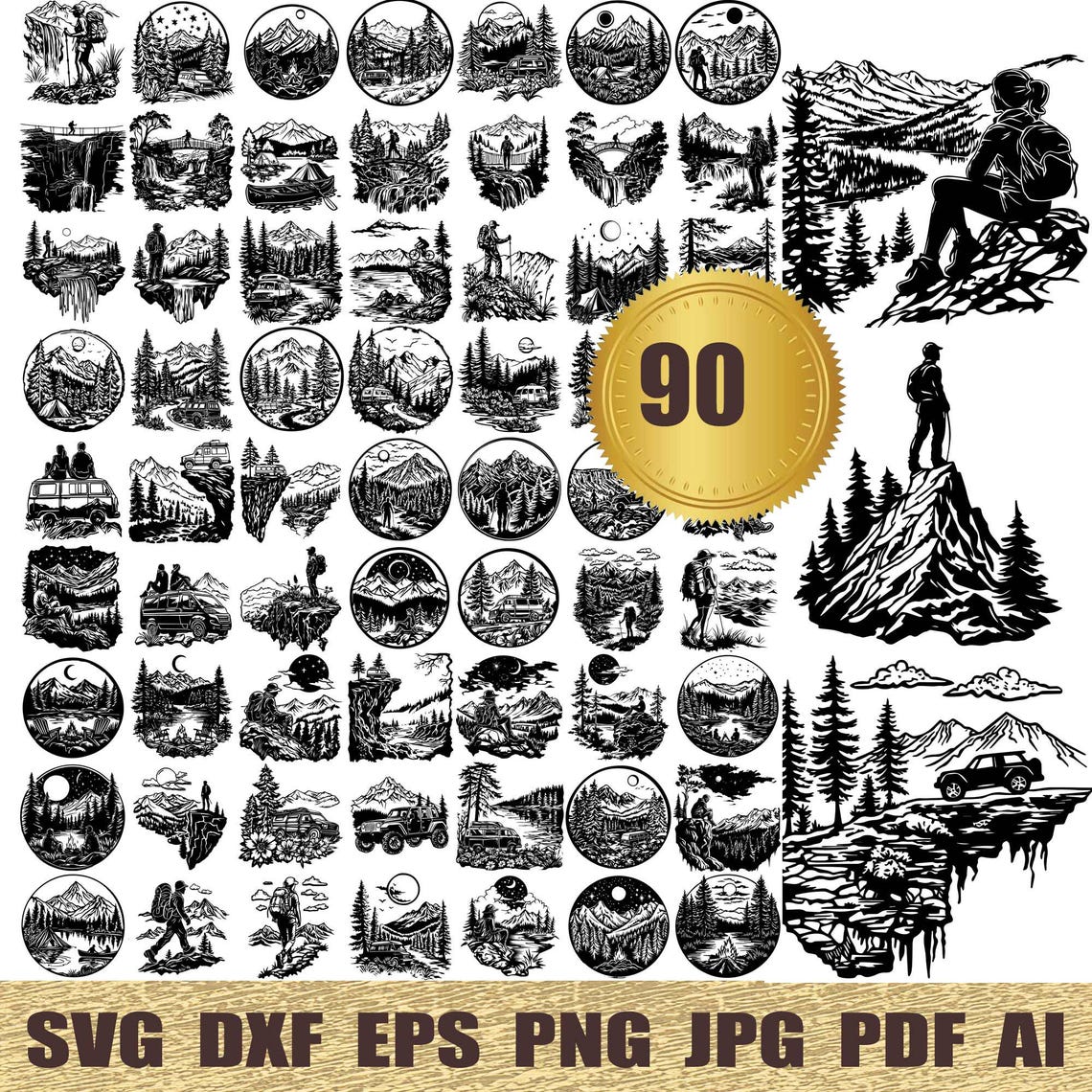 90 Mountain Hiking Svg, Dxf, Eps, Ai, Pdf, Jpg Png Forest Scene Svg ...