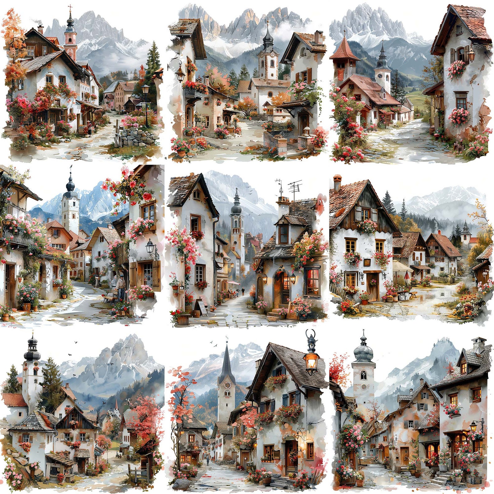 Old German Alpine Village Overgrown With Flowers Clipart Bundle JPEG ...