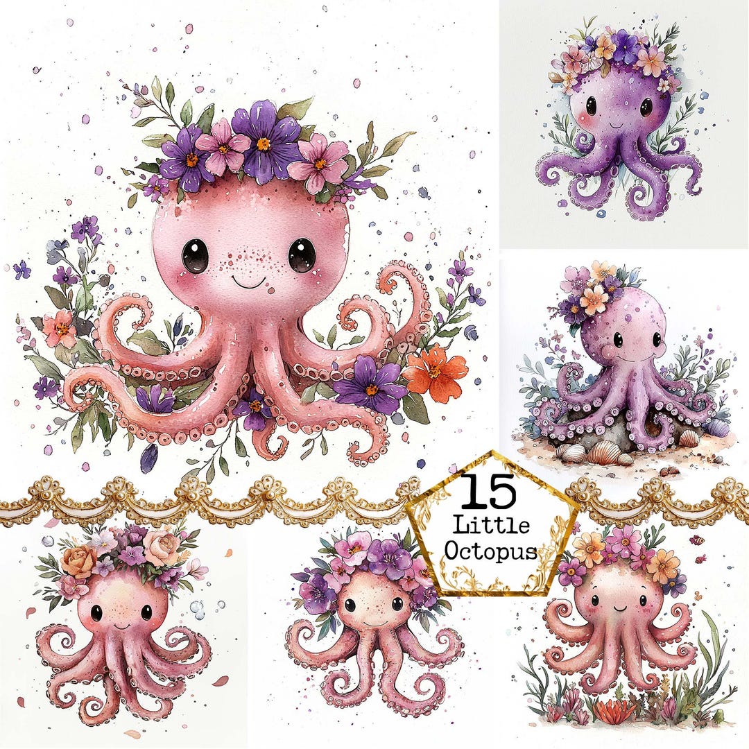 JPEG Watercolor Little Octopus Clipart Bundle Nursery Art Baby Animal ...