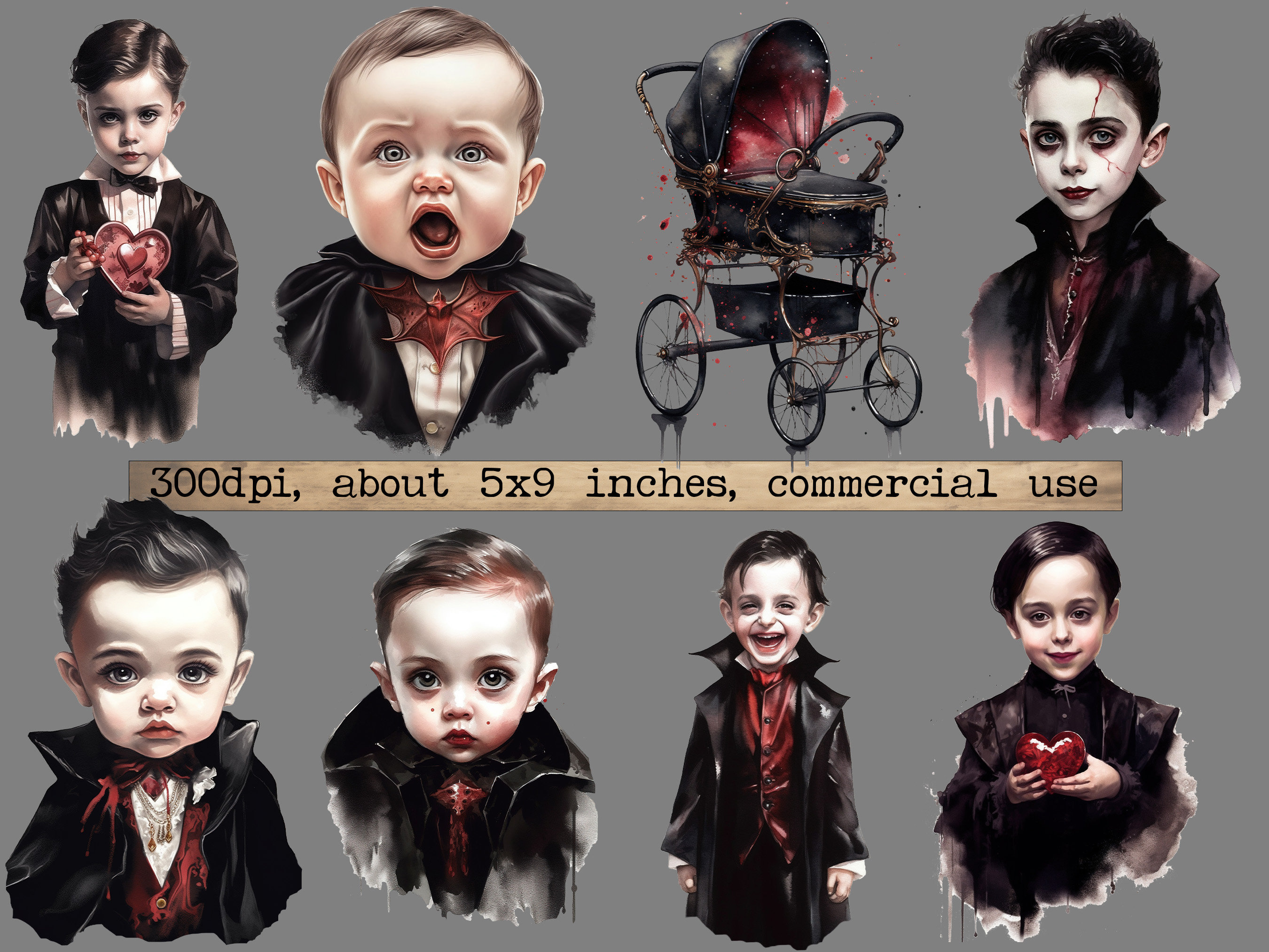 Watercolor Gothic Baby Vampire Bundle Clipart - Dark Fantasy Watercolor ...