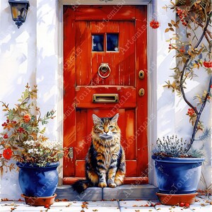 JPEG Watercolor Vintage Cottage Door and a Cat Illustration Cottagecore ...