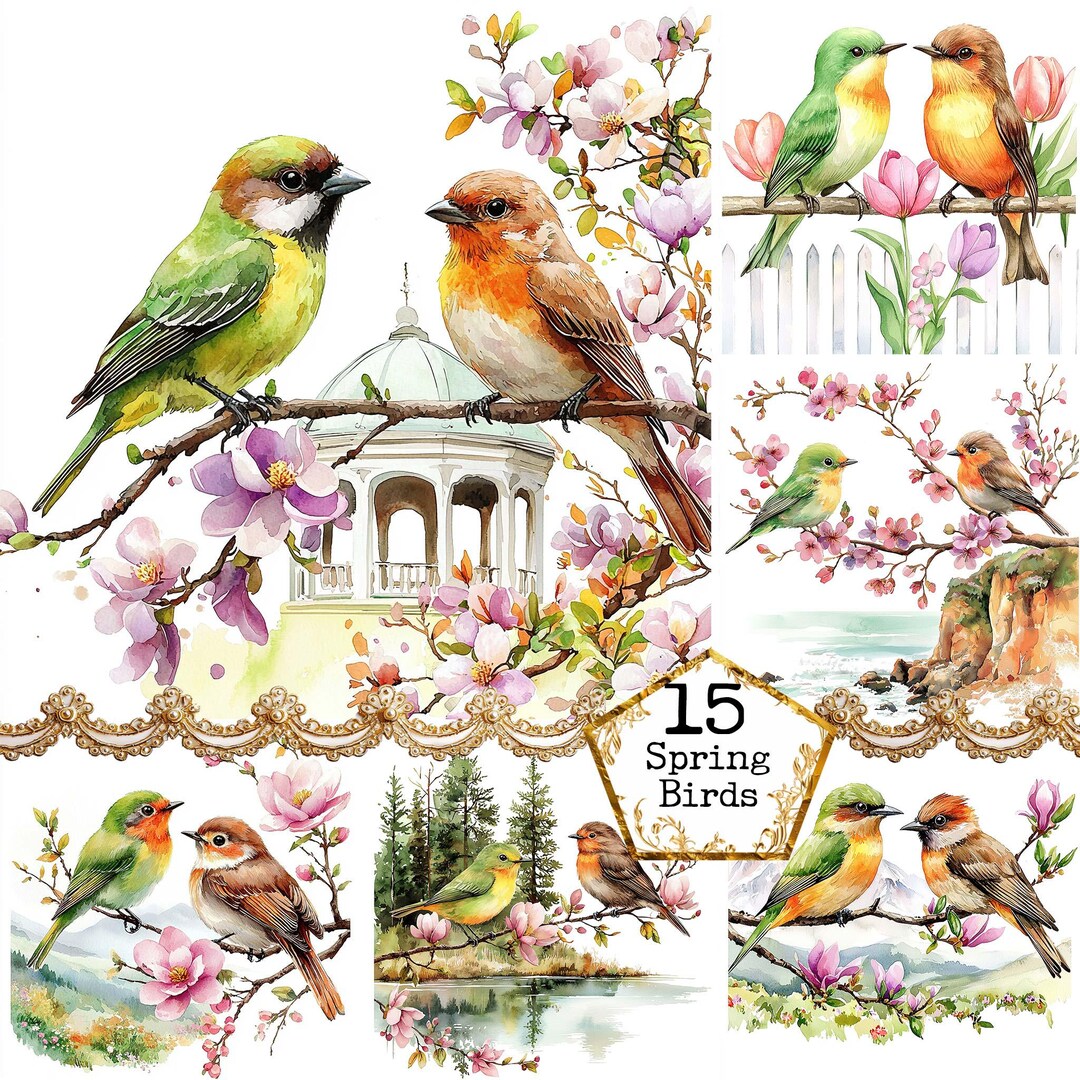 JPEG Watercolor Spring Birds Clipart Bundle Floral Bird Spring Flowers ...