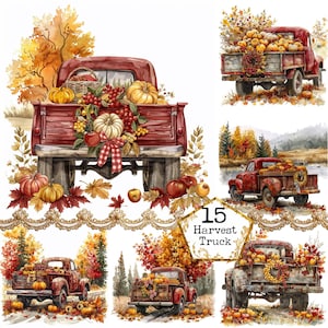 Watercolor Autumn Harvest Farm Truck Clipart Bundle JPEG Commercial Use ...