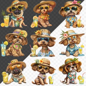 Watercolor Summer Dogs Clipart Bundle Dog With Cocktail PNG Beach ...