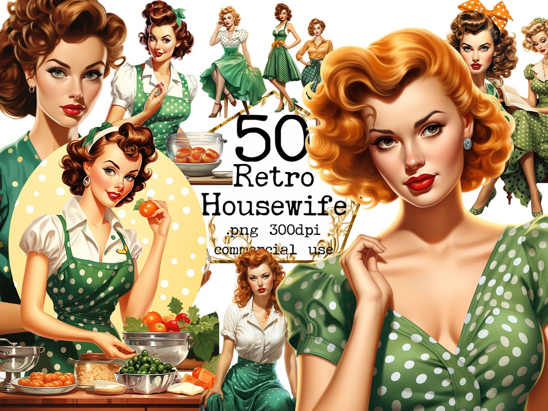 Retro Housewife Clipart PNG Bundle, '50s Transparent PNG, Red Polka Dot ...